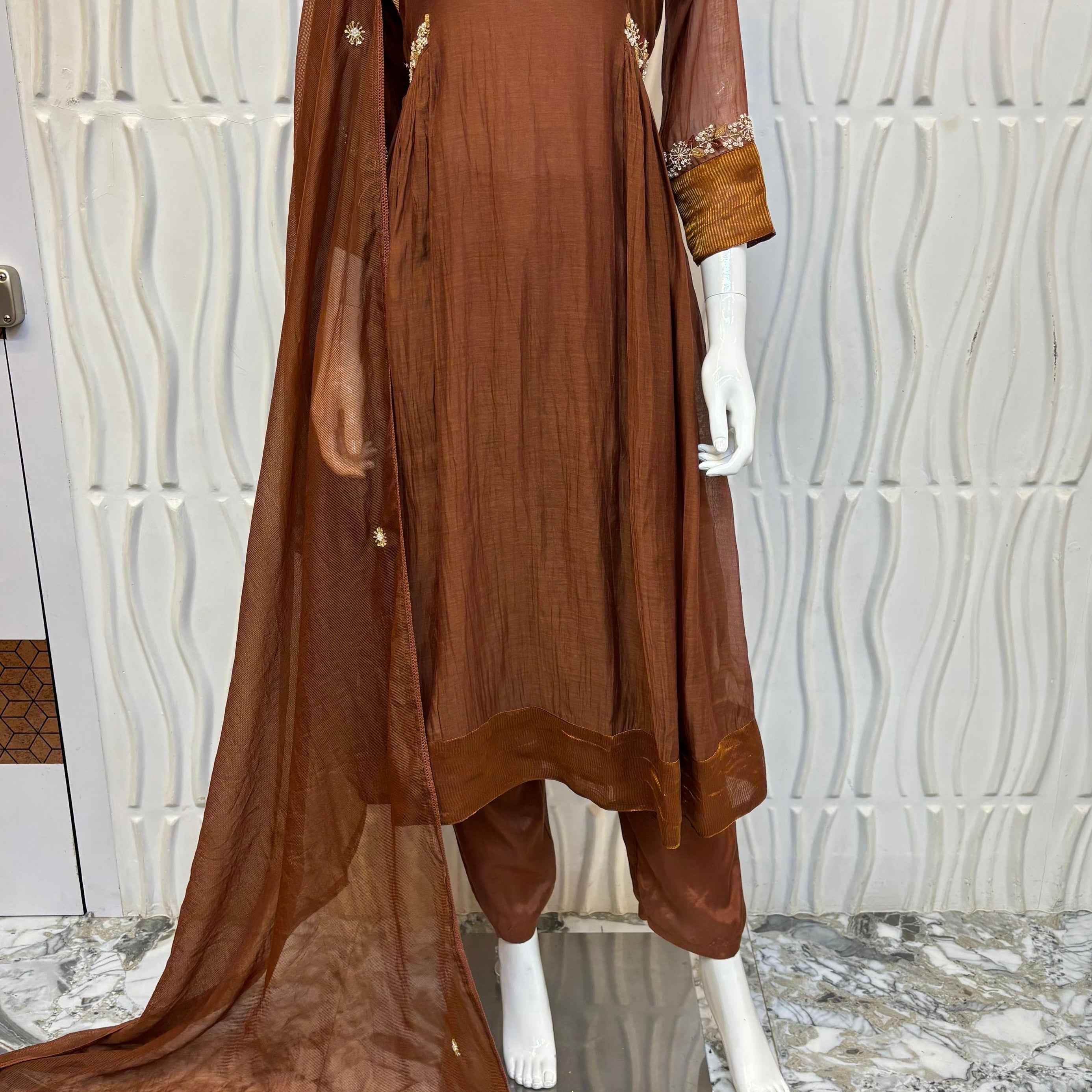 Aabira – Coffee Brown Mul Chanderi Anarkali kurti bottom with dupatta ...