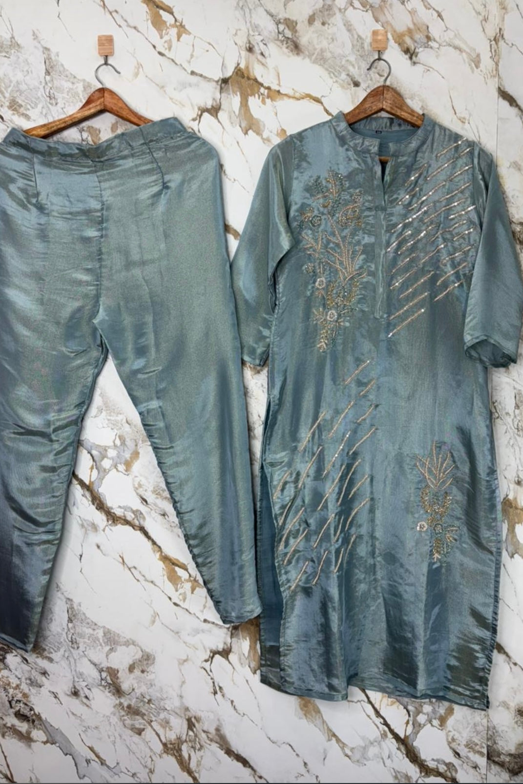 “Zena” Premium Teal Blue Tissue Silk Kurta Set with Elegant Handwork ...