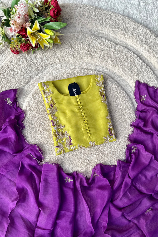 “Aisha” Lime Purple Elegance Dola Silk Kurta Set – Libaas king