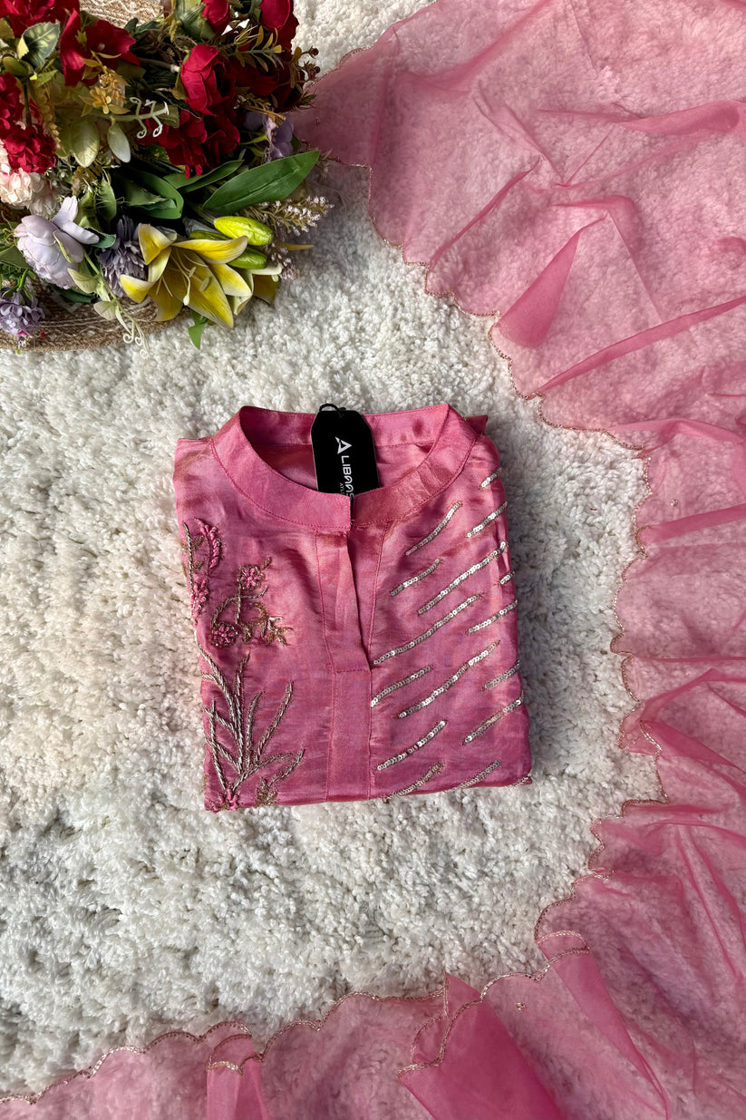 “Zena” Dusty Rose Pink Tissue Silk Kurta Set with Elegant Handwork ...